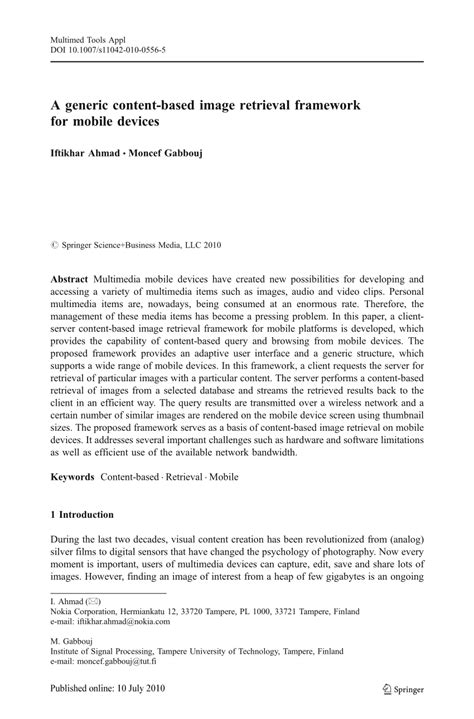 Pdf A Generic Content Based Image Retrieval Framework For Mobile Devices