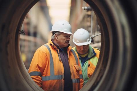 Premium Photo Workers With Helmets Inspecting Steel Pipes