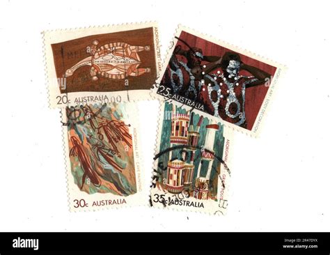Vintage Postage Stamps From Australia Featuring Aboriginal Art Isolated