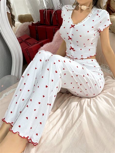 Ladies Heart Pattern Printed Short Sleeve Pant Pajamas Set Pyjama