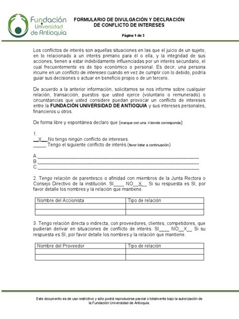 Formulario De Divulgación De Conflicto De Intereses Carlos Angel Pdf