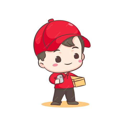 귀여운 배달원 사랑스러운 만화 캐릭터 택배 유니폼과 모자 배달 패키지를 입고 프리미엄 벡터