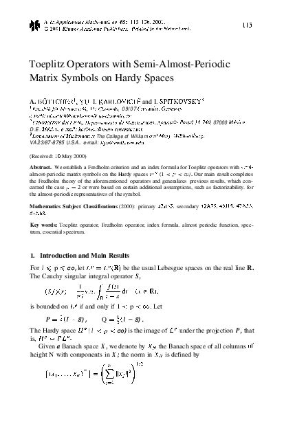 Pdf Toeplitz Operators With Semi Almost Periodic Matrix Symbols On