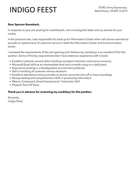 Switchboard Cover Letter Velvet Jobs