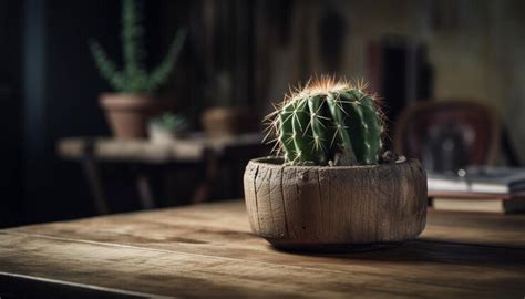 Free Photo | A cactus on a wooden table with a blurry background