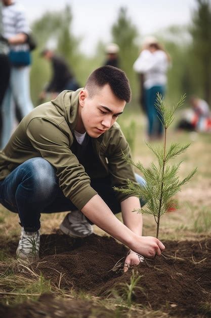 Premium Ai Image Shot Of A Young Man Planting Trees At An Outdoor