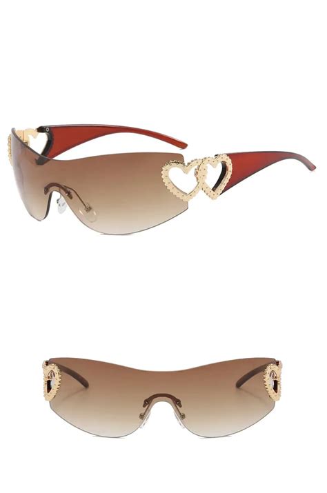 Rimless Y2k Wrap Around Metal Hollow Heart Shades Eyeglasses Temu