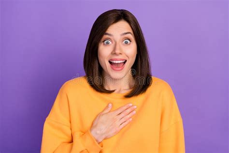 Photo Of Young Adorable Cute Girlish Lady Wear Orange Sweater Touch
