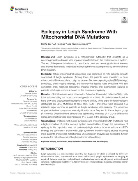 Pdf Epilepsy In Leigh Syndrome With Mitochondrial Dna Mutations