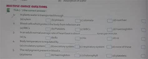 Multiple Choice Questionstick The Correct Answer1 In Plants Wat