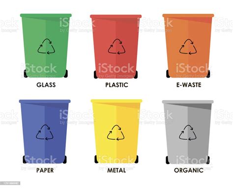 다른 색깔의 재활용 쓰레기통 벡터 플랫 일러스트레이션 폐기물 유형분리 재활용 유기 배터리 금속 플라스틱 종이 유리 전자 폐기물 전구 개념에 대한 스톡 벡터 아트 및 기타