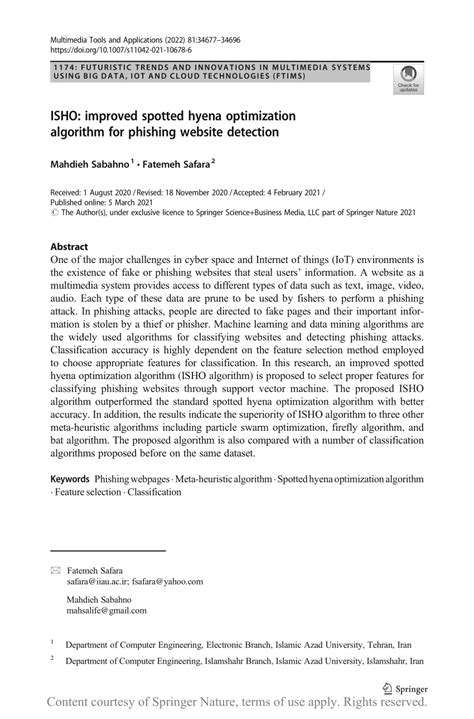 Isho Improved Spotted Hyena Optimization Algorithm For Phishing