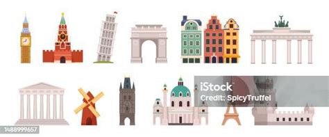 유럽의 랜드마크 스위스 기념물 건물 기호 오스트리아와 스페인이 여행합니다 세계 건축 역사적 유산 사원과 성 글로벌 관광 투어 벡터 일러스트레이션 세트 건물 외관에 대한 스톡