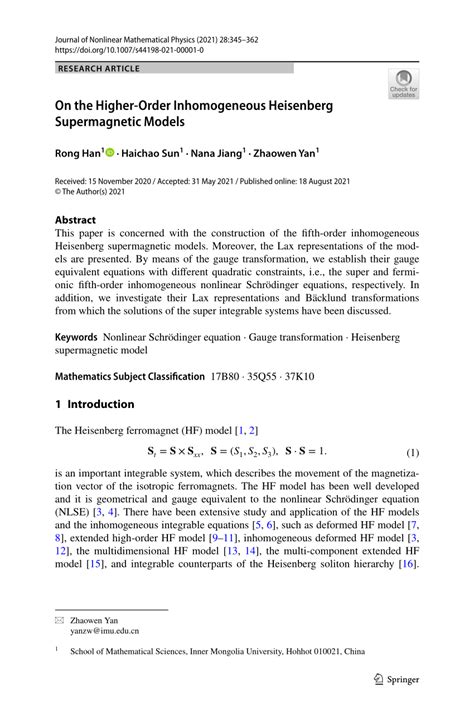 Pdf On The Higher Order Inhomogeneous Heisenberg Supermagnetic Models