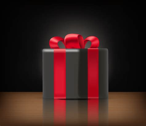 Black Gift Box With Red Ribbon And Reflection On A Table D Vector Mockup Vector Art