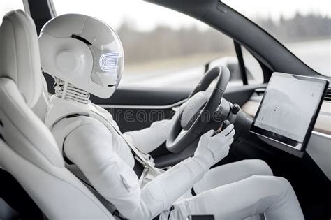 Futuristic Robot Autonomously Operating Electric Vehicle In Self