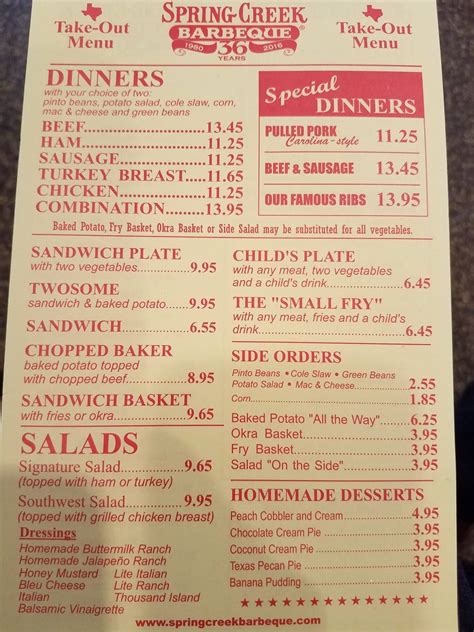 Menu At Spring Creek Barbeque Fort Worth Camp Bowie W Blvd