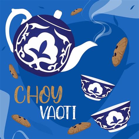 Una tetera azul y blanca con una tetera y dos tazas de té Vector Premium