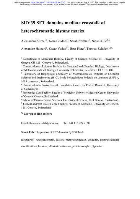 Pdf Suv39 Set Domains Mediate Crosstalk Of Heterochromatic Histone Marks