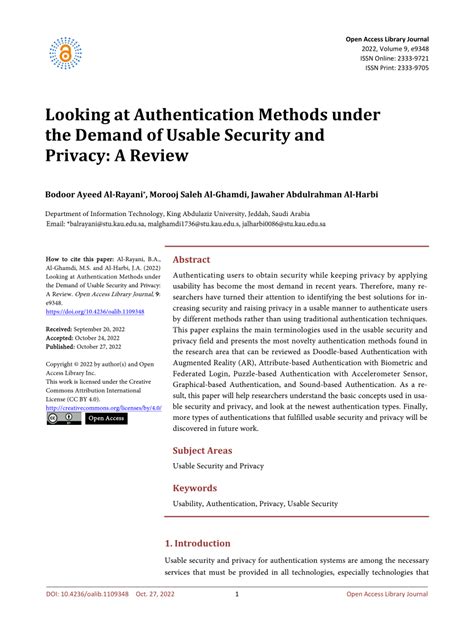 PDF Looking At Authentication Methods Under The Demand Of Usable Security And Privacy A Review