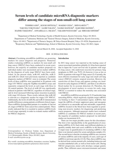 Pdf Serum Levels Of Candidate Microrna Diagnostic Markers Differ