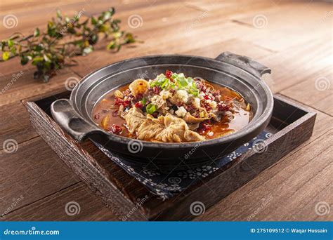 Spicy Beer Beef Offal Pot Served Dish Isolated On Wooden Table Top View