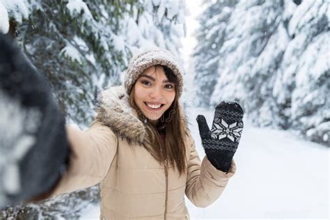 Young Asian Beautiful Woman Smile Camera Taking Selfie Photo In Winter