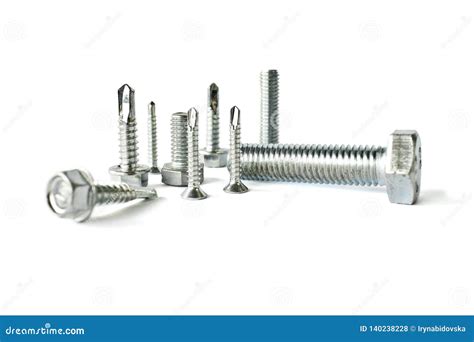 Closeup Of Different Types Of Fasteners Isolated On White Isolated Fasteners Stock Photo