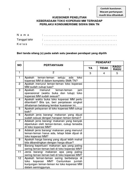 Detail Contoh Kuesioner Sederhana Koleksi Nomer