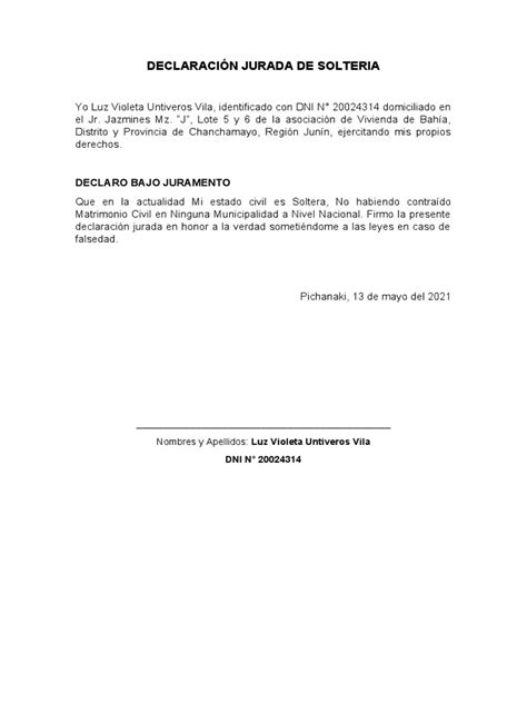 Declaración Jurada De Solteria Pdf
