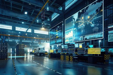 large screens at a logistics control center show active delivery routes and data while staff