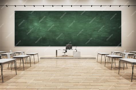 Premium Photo Modern Classroom Interior With Empty Chalkboard And