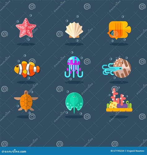 Inhabitants Of Sea And Ocean Flat Vector Illustration Set Stock