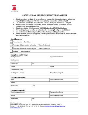 Fillable Online Eservice Helsingborg ANMLAN AV MILJFARLIG VERKSAMHET