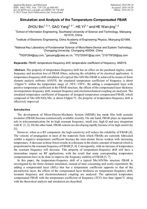 Simulation And Analysis Of The Temperature Compensated Fbar Scientific Net