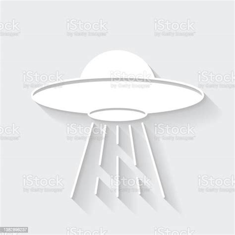 Ufo Flying Saucer With Light Beam Icon With Long Shadow On Blank