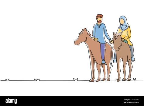 Single One Line Drawing Arabic Couple Riding Horses Hand In Hand At