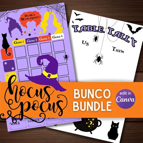 Hocus Pocus Bunco Bundle Score Sheet Photo Props Canva Editable