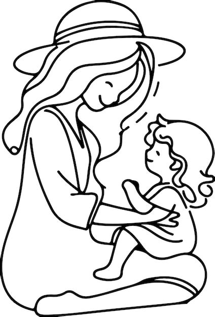 Линейный векторный рисунок на День матери Женщина держит своего ребенка Векторная иллюстрация