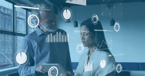 Image Of Statistical Data Processing Over Diverse Man And Woman Discussing Over Tablet At Office