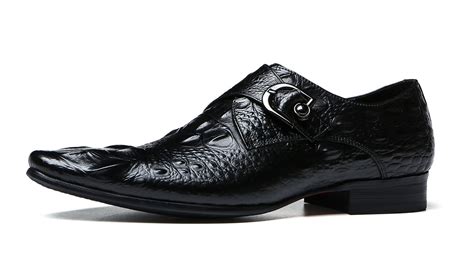 Santimon Black Dress Shoes For Men Stylish Crocodile Grain Monk Strap