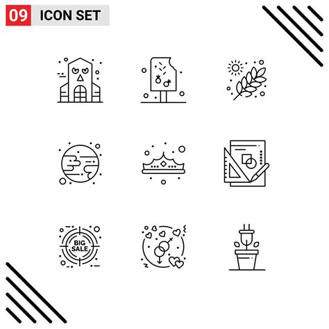 Modern Set Of 9 Outlines Pictograph Of Jewelry Fashion Farming Crown Forecast Editable Vector