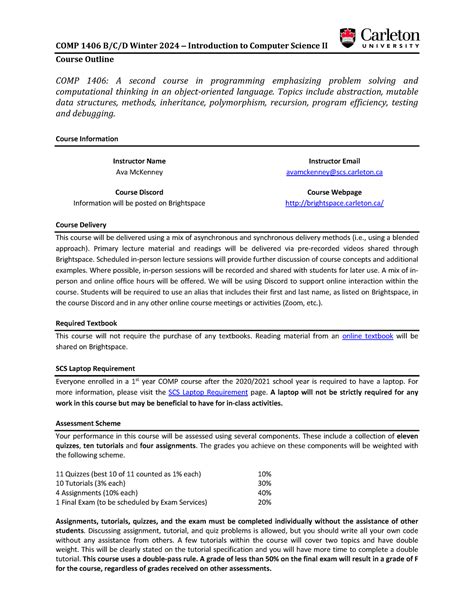 Comp1406 W24 Course Outline Course Outline Comp 1406 A Second Course