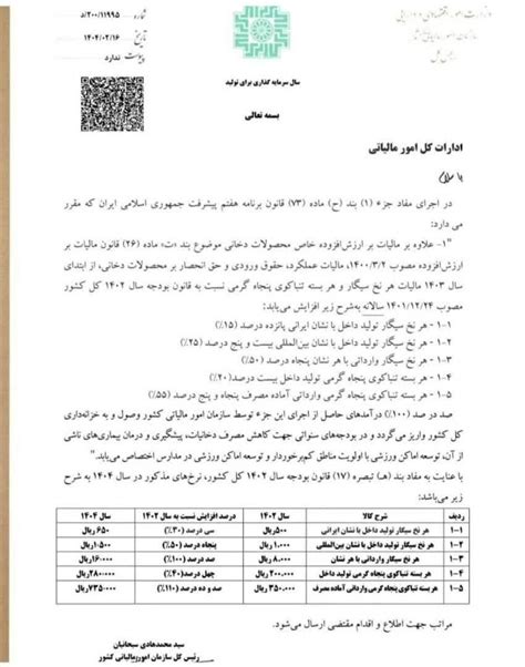 نرخ مالیات و عوارض ارزش افزوده انواع سیگار و محصولات دخانی در سال ۱۴۰۴ اعلام شد توتون صنعت