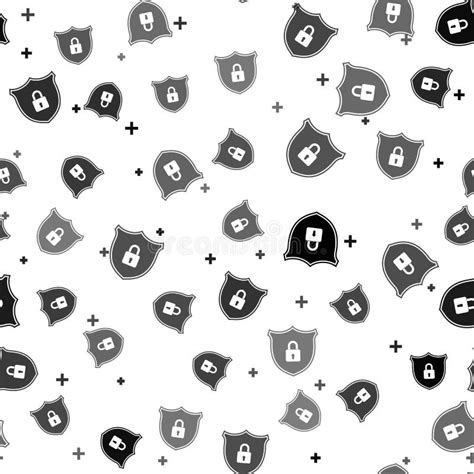 Black Shield Security With Lock Icon Isolated Seamless Pattern On White Background Protection