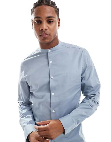 Asos Design Schmal Geschnittenes Hemd In Staubblau Mit Grandad Kragen