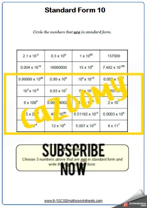 standard form worksheets with answers