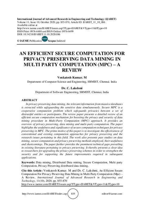 Pdf An Efficient Secure Computation For Privacy Preserving Data