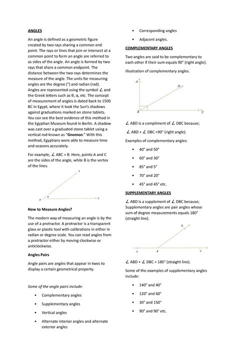 Angles Notes Angles An Angle Is Defined As A Geometric Figure