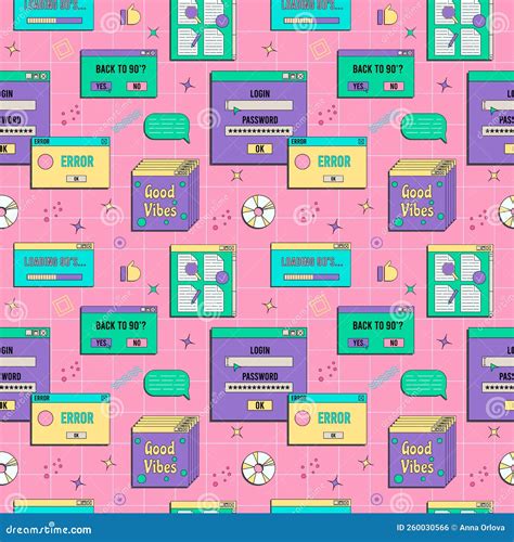 Vaporwave Ui And Ux Elements Seamless Pattern Pc Retro Game Frame Nostalgic Style 70s 80s